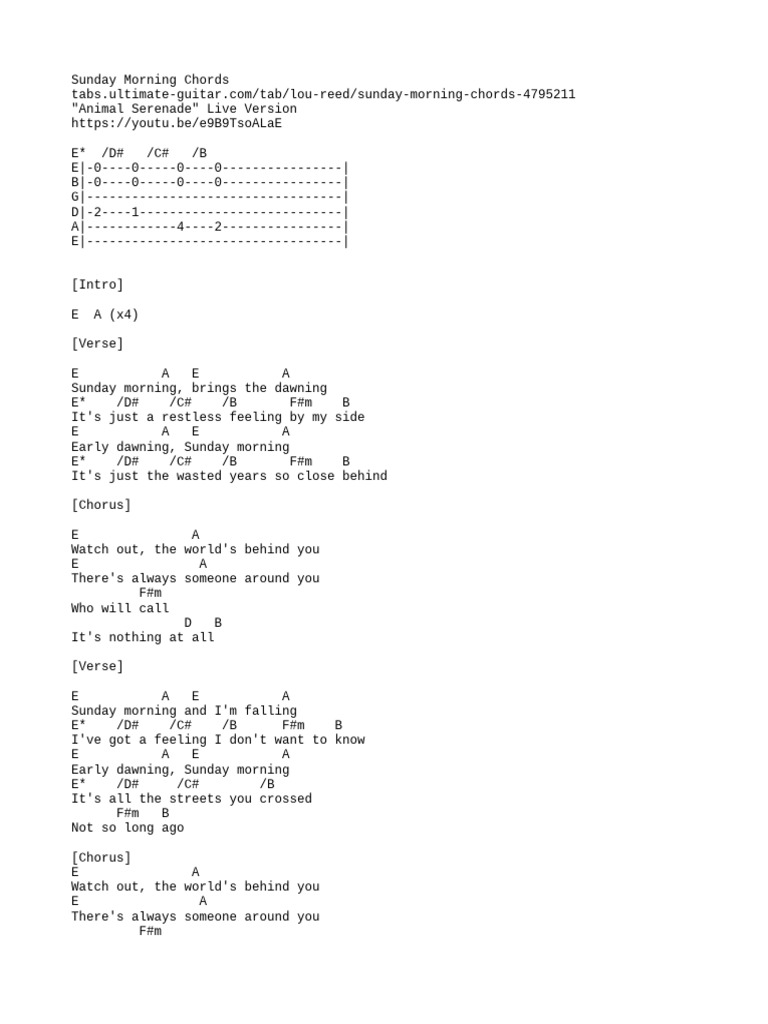 Velvet Underground - Sunday Morning Chords | PDF