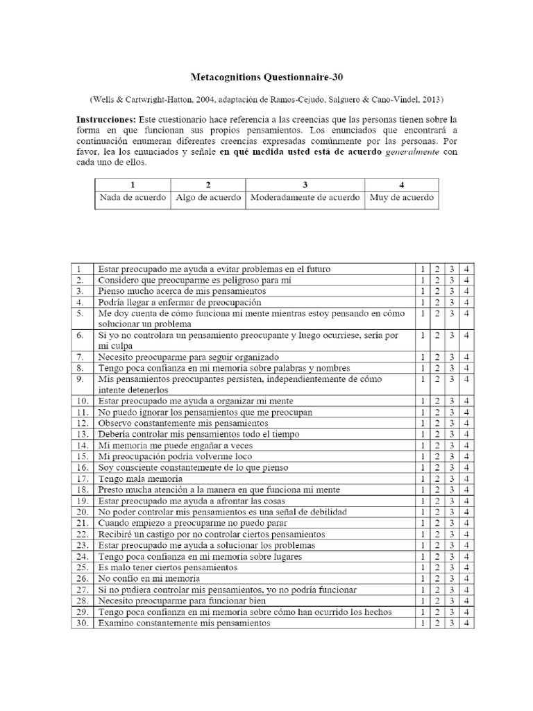 Cuestionario de Meta-Cogniciones - 30 (Meta-Cognitions Questionnaire-30 ...