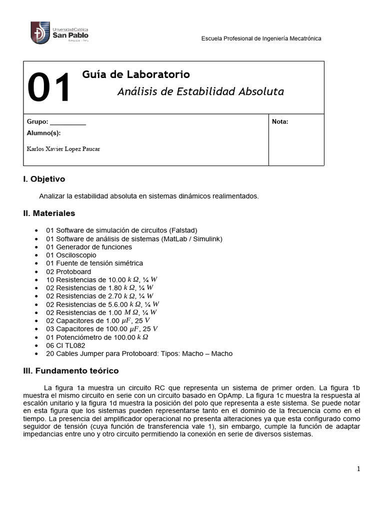 Laboratorio 001 Control Automático | PDF | Red eléctrica | Amplificador operacional