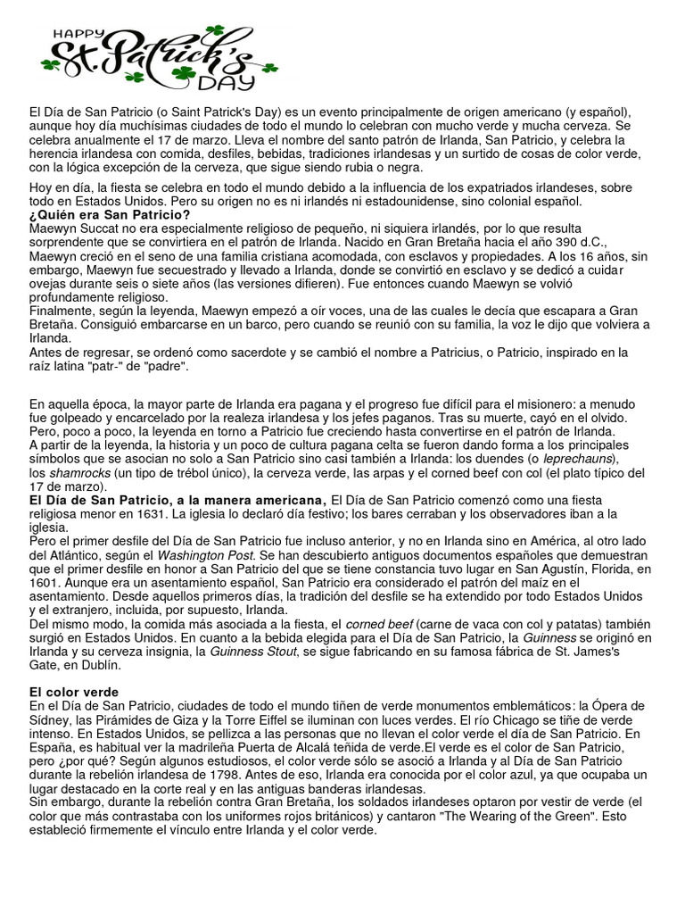 Historia y tradiciones del Día de San Patricio | PDF | Republica de ...
