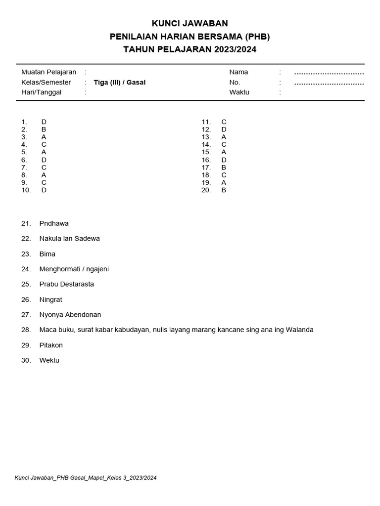 FORMAT KUNCI JAWABAN KELAS 3 PHB GASAL TP. 2023-2024 | PDF FORMAT KUNCI JAWABAN KELAS 3 PHB GASAL TP. 2023-2024 | PDF