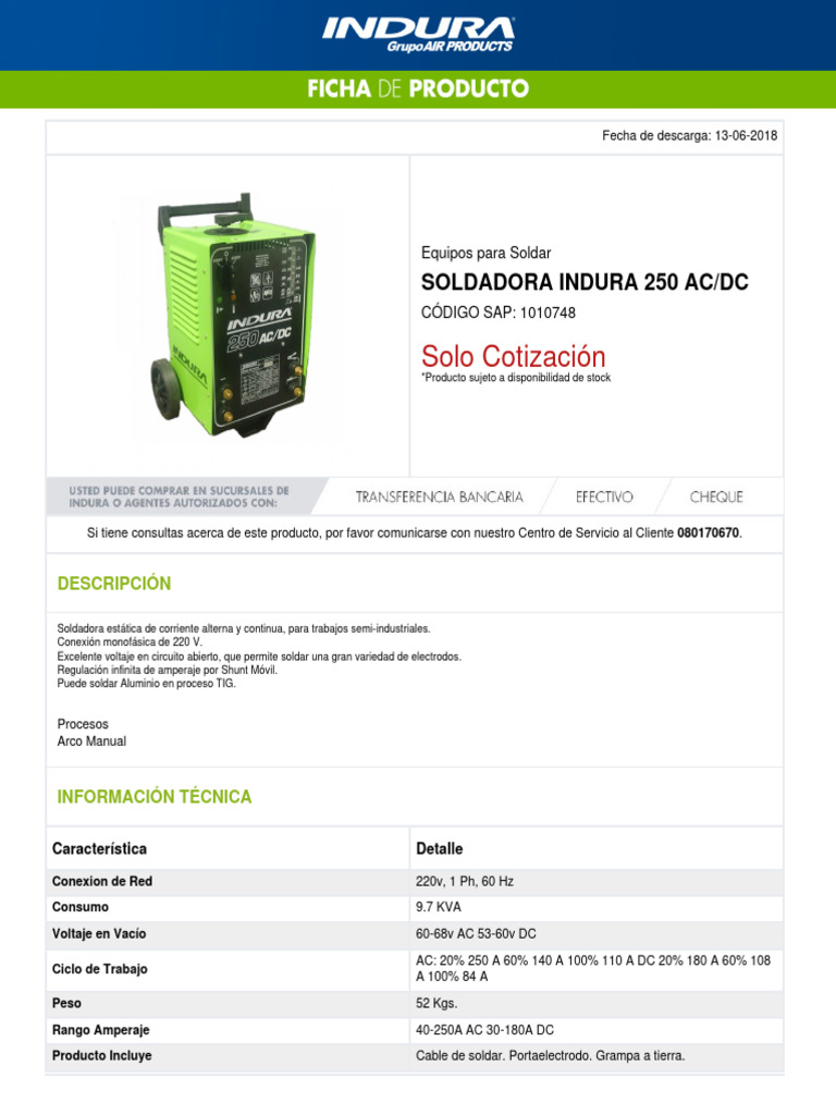 1010748-Soldadora Indura 250 Acdc | PDF