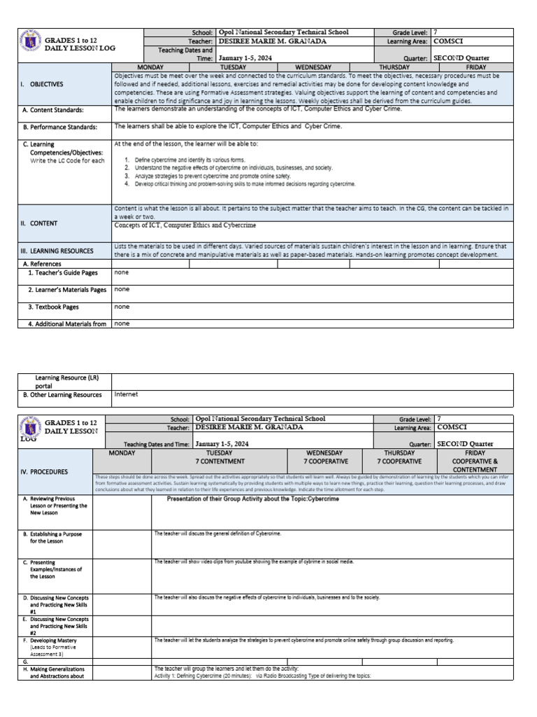 DLL COMSCI 7 January 1-5, 2024 | PDF | Learning | Teachers