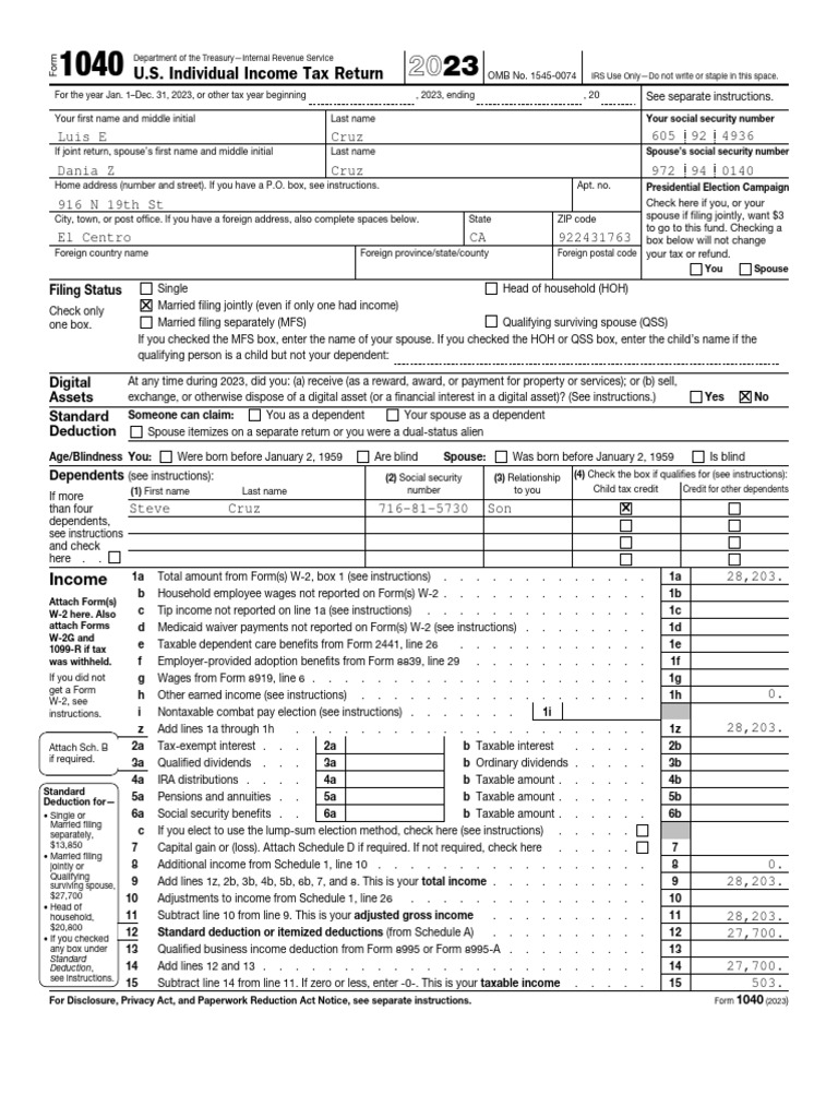2023 U.S. Individual Tax Return Form | PDF | Irs Tax Forms | Tax Deduction