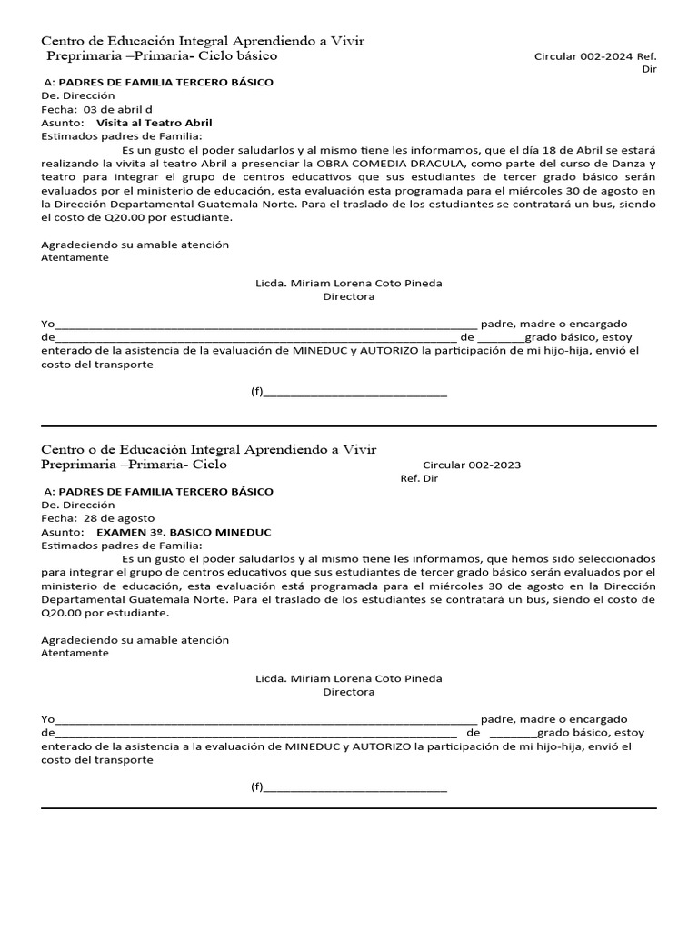 Circulares Padres de Familia | PDF