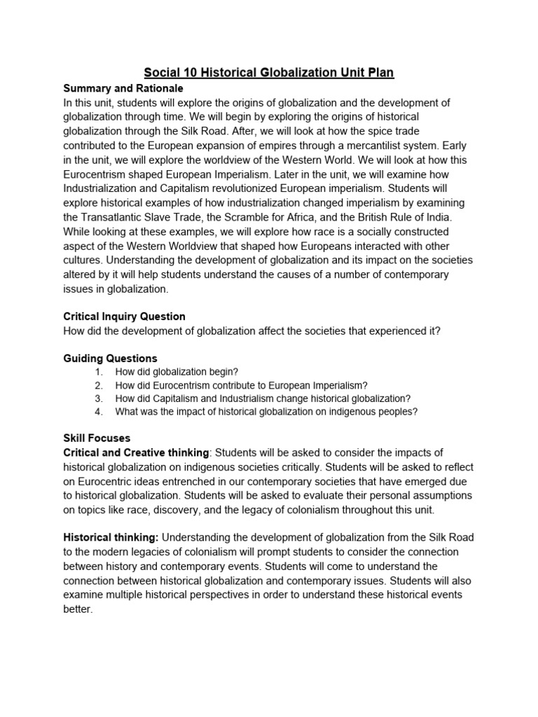 Social 10 Historical Globalization Unit Plan-2 | PDF | Colonialism ...