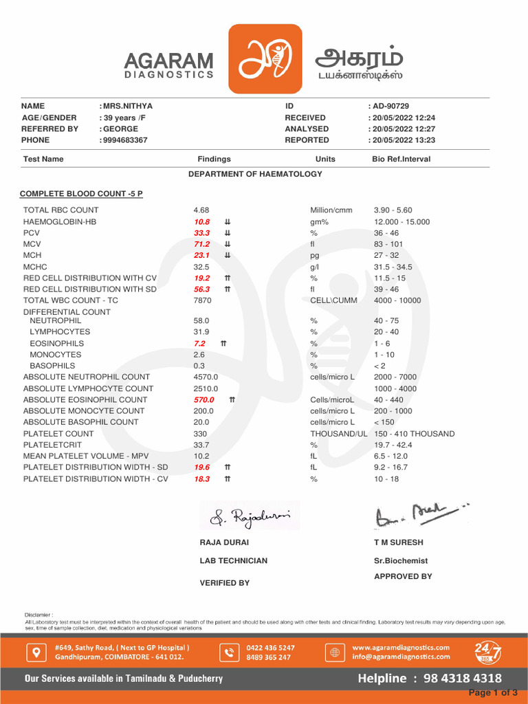20 May 2022 Nithya AD-90729 | PDF | Glycated Hemoglobin | White Blood Cell