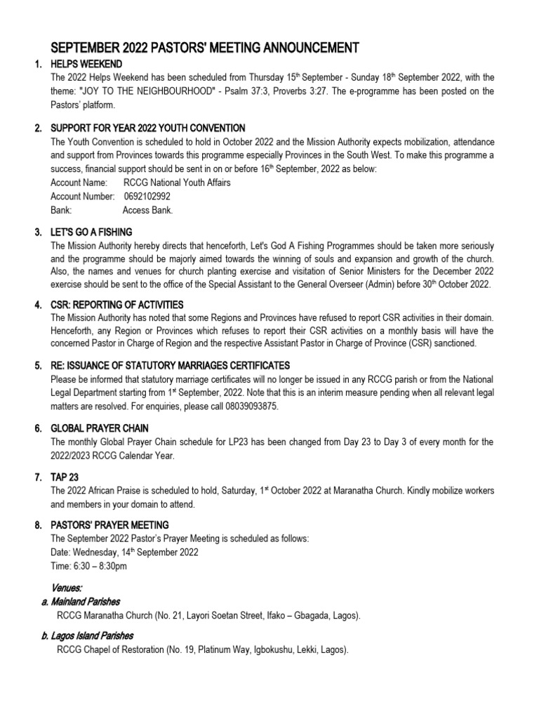 September 2022 Pastors Meeting Announcement-1 | PDF