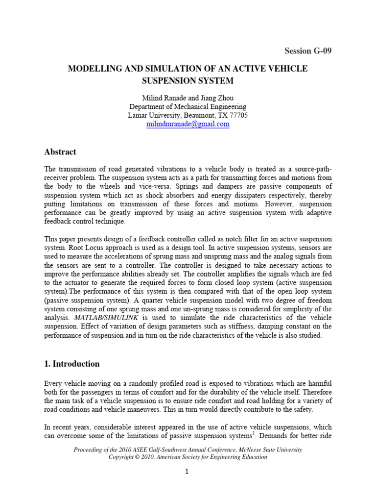 Modelling and Simulation of An Active Vehicle Suspension System | PDF ...
