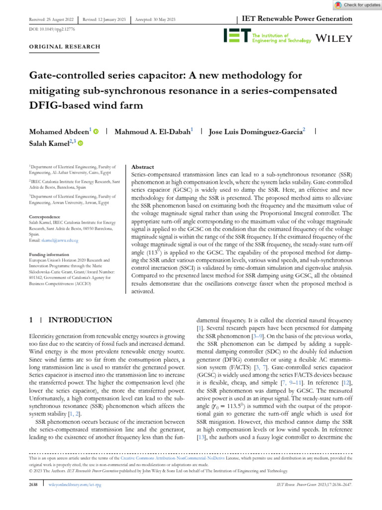 IET Renewable Power Gen - 2023 - Abdeen - Gate Controlled Series Capacitor A New Methodology For ...