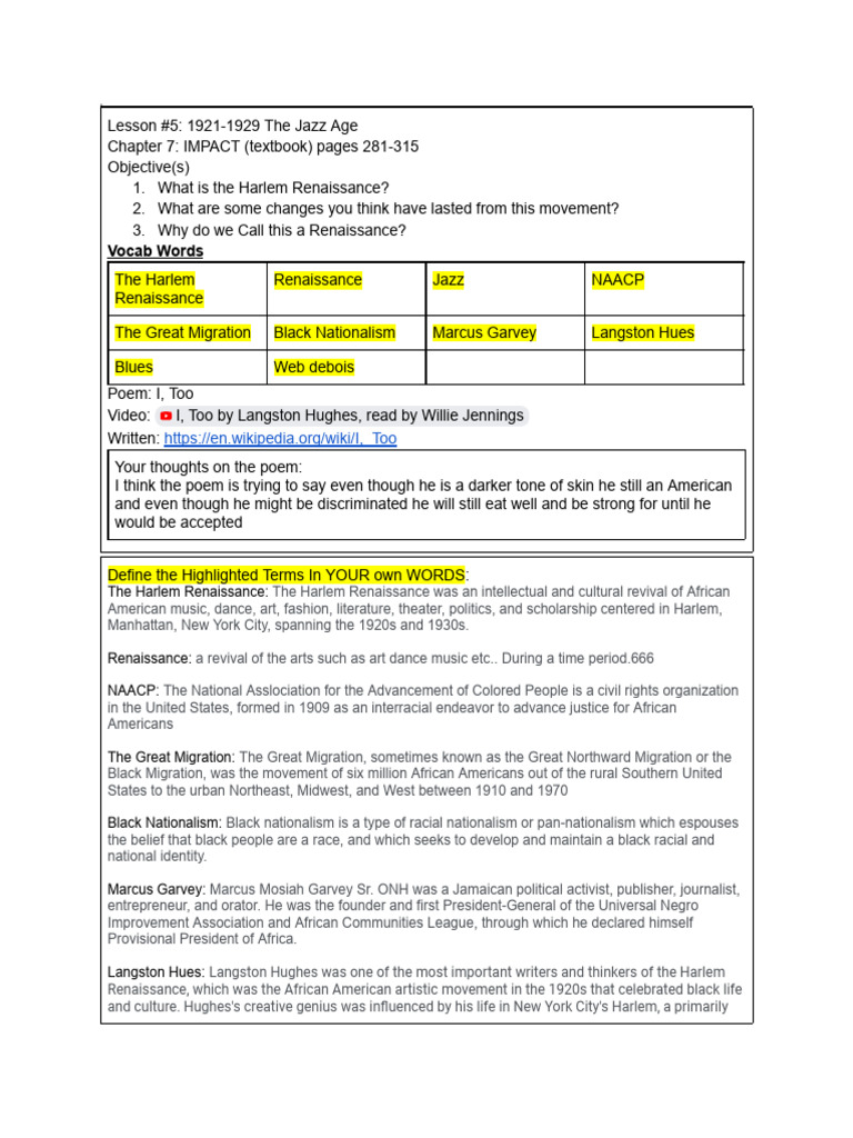 Cimarron Sloat - Assignment #21 The 20's The Harlem Renaissance | PDF ...