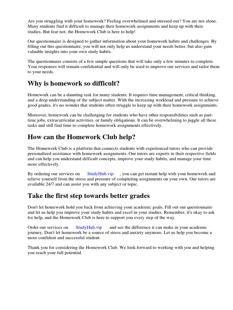Homework Club Questionnaire | PDF | Homework | Questionnaire