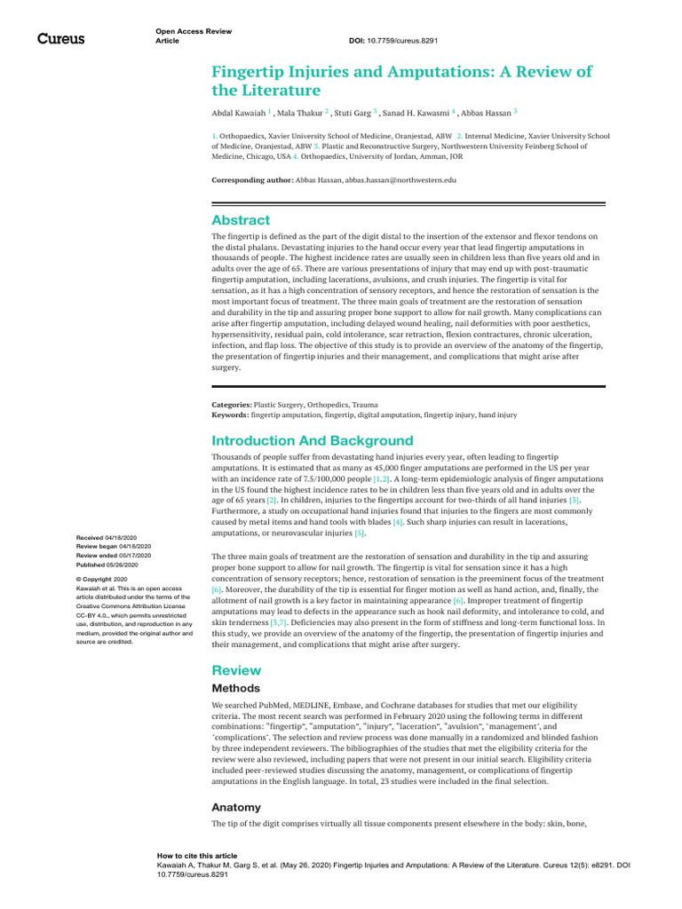 Fingertip Injuries and Amputations A Review of 2020 | PDF | Finger | Vein