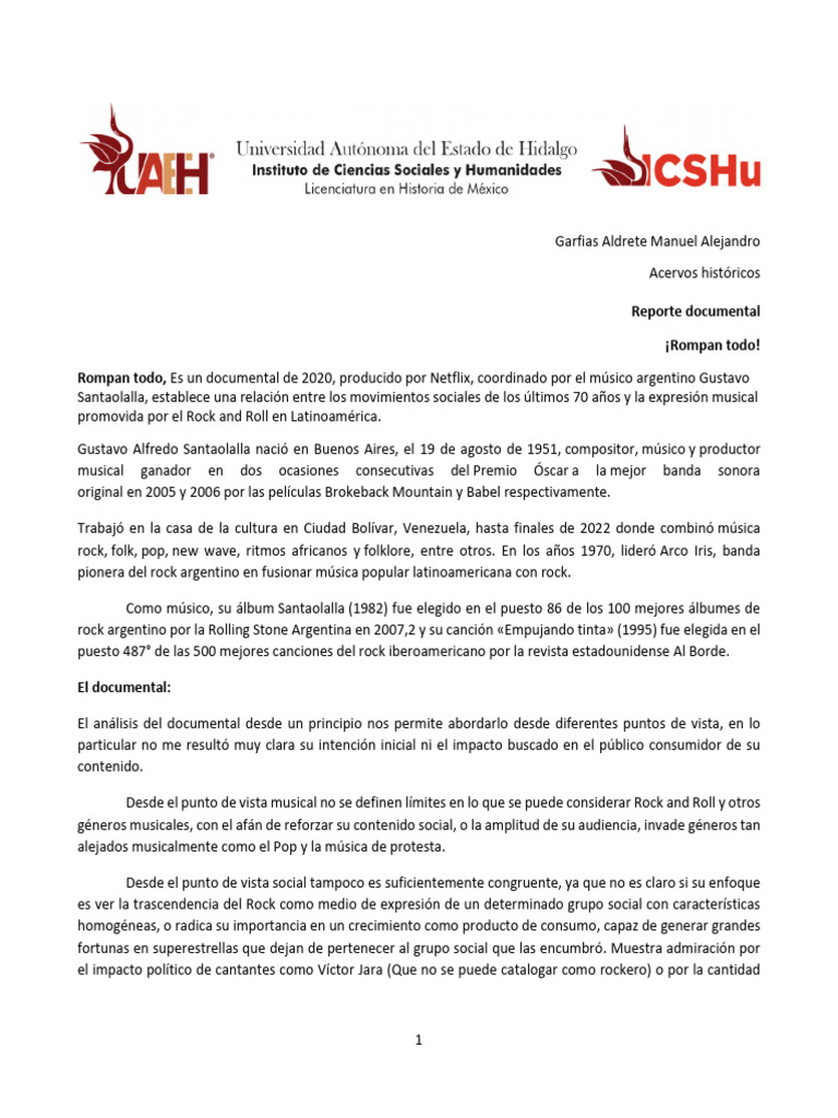Reporte Documental Rompan Todo | PDF | Musica Popular | La música rock