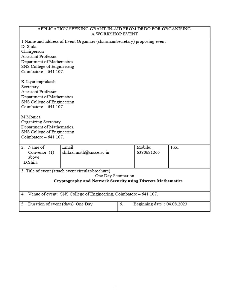 Grant Application For Drdo Workshop | PDF | Cryptography | Information