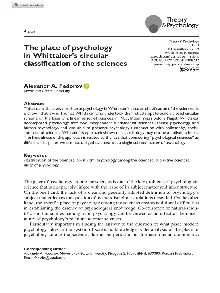 The Place of Psychology in Whittaker's Circular Classification of The ...