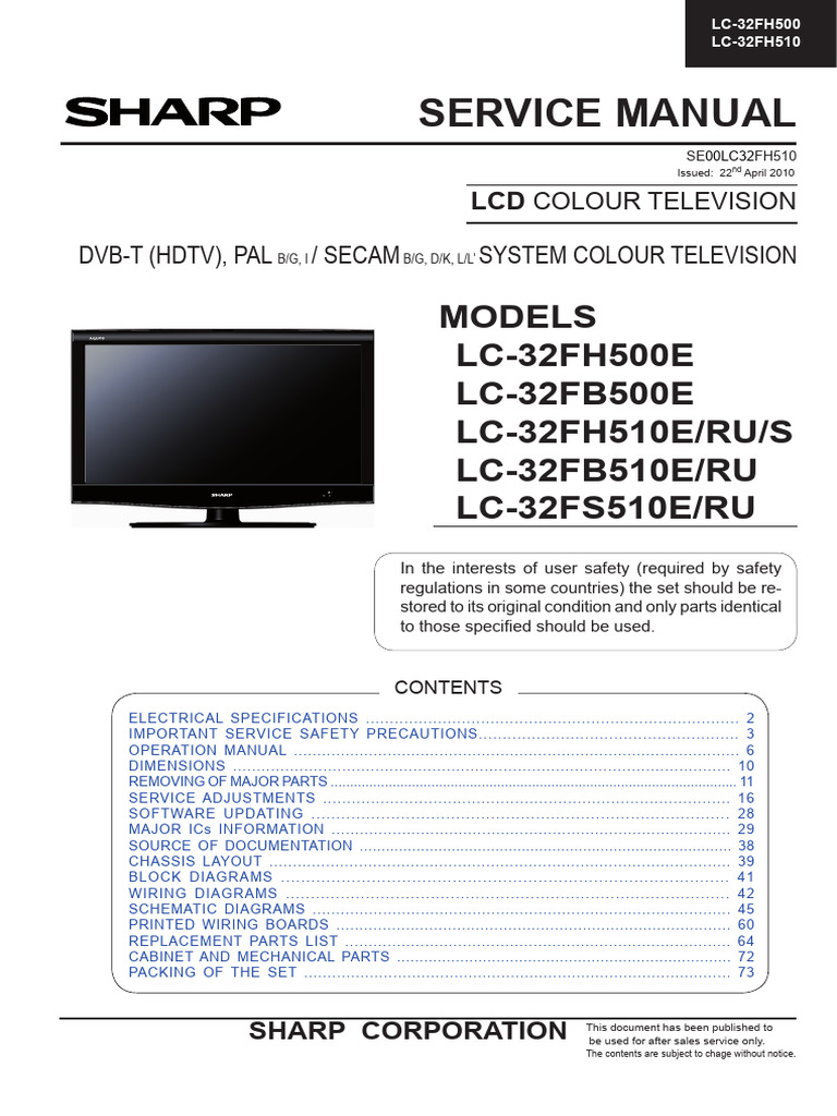Sharp Lc32fh500e Lc32fb500e Lc32fh510e Lc32fb510e Lc-Fs510e SM | PDF ...