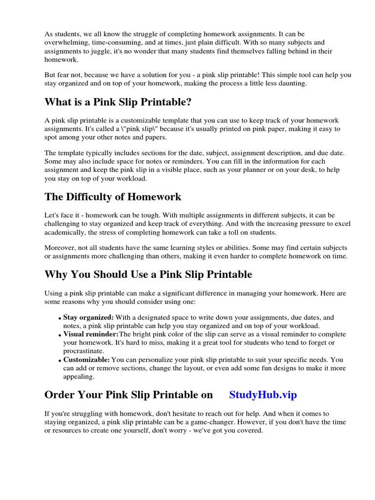Pink Slip Printable for Homework | PDF | Homework