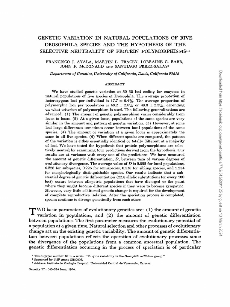Genetic Variation in Natural Populations of Five | PDF | Zygosity | Evolution