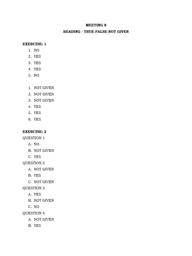 Meeting 8 Reading True False Not Given 1 | PDF | Self-Improvement