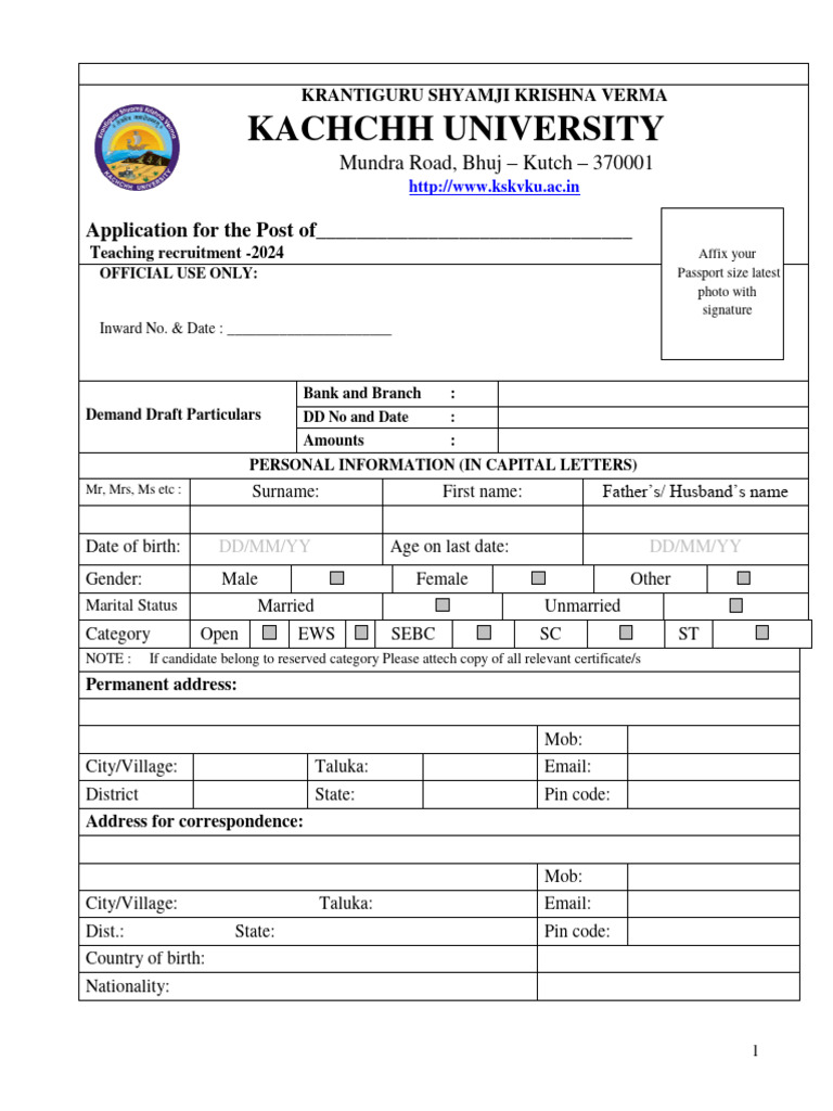 Teaching Application Form Qualification and Other Details 2024 - R ...