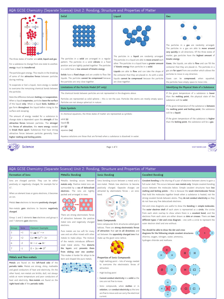 AQA GCSE Chemistry Separate U2 Bonding Structure and Properties of Matter | PDF | Chemical Bond ...