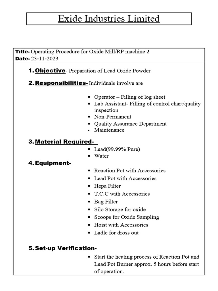 SOP of Oxide Mill RP | PDF | Duct (Flow) | Laboratories