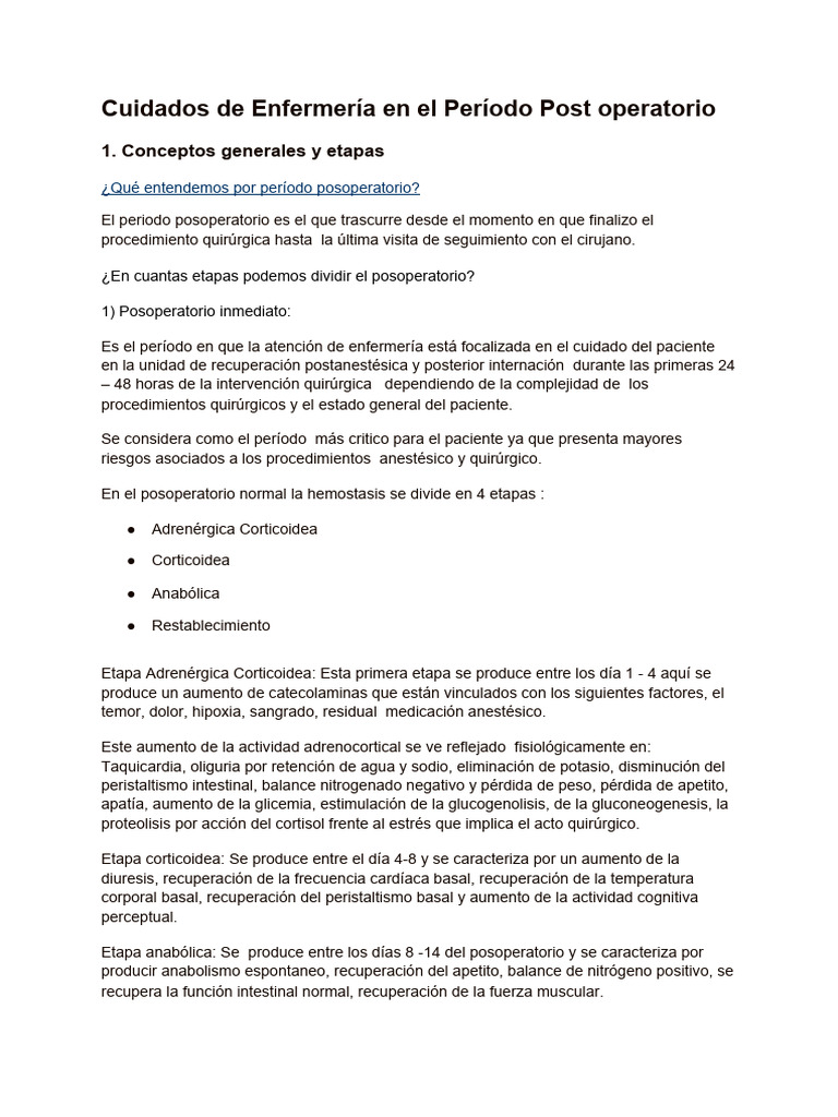 Cuidados de Enfermería en El Período Post Operatorio | PDF | Analgésico ...