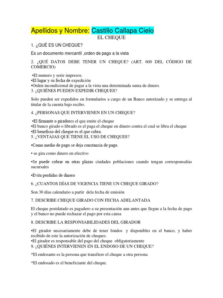 Tema 3 Elcheque Cuest. Vacio | PDF | Cheque | Bancos
