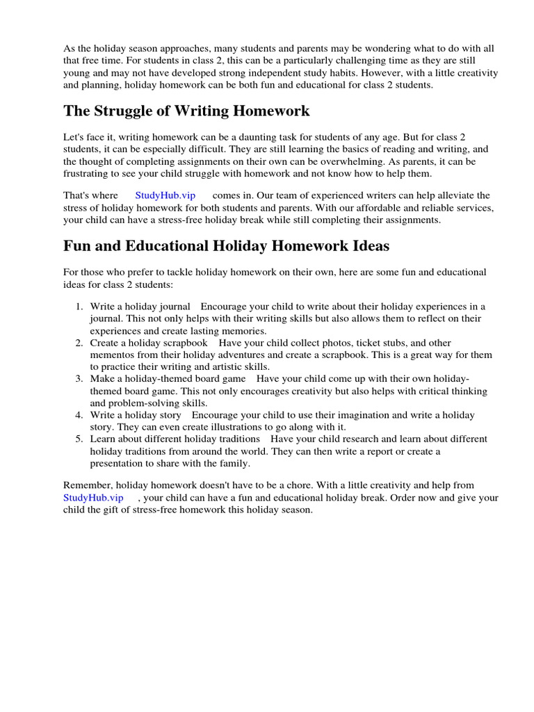 Holiday Homework Ideas For Class 2 | PDF | Books | Homework