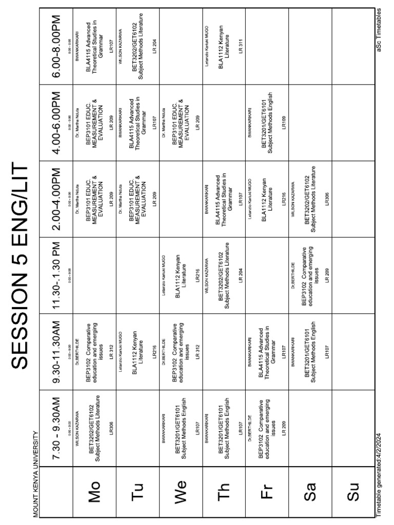 Eng_lit Teaching Timetable Session 5 Only | PDF