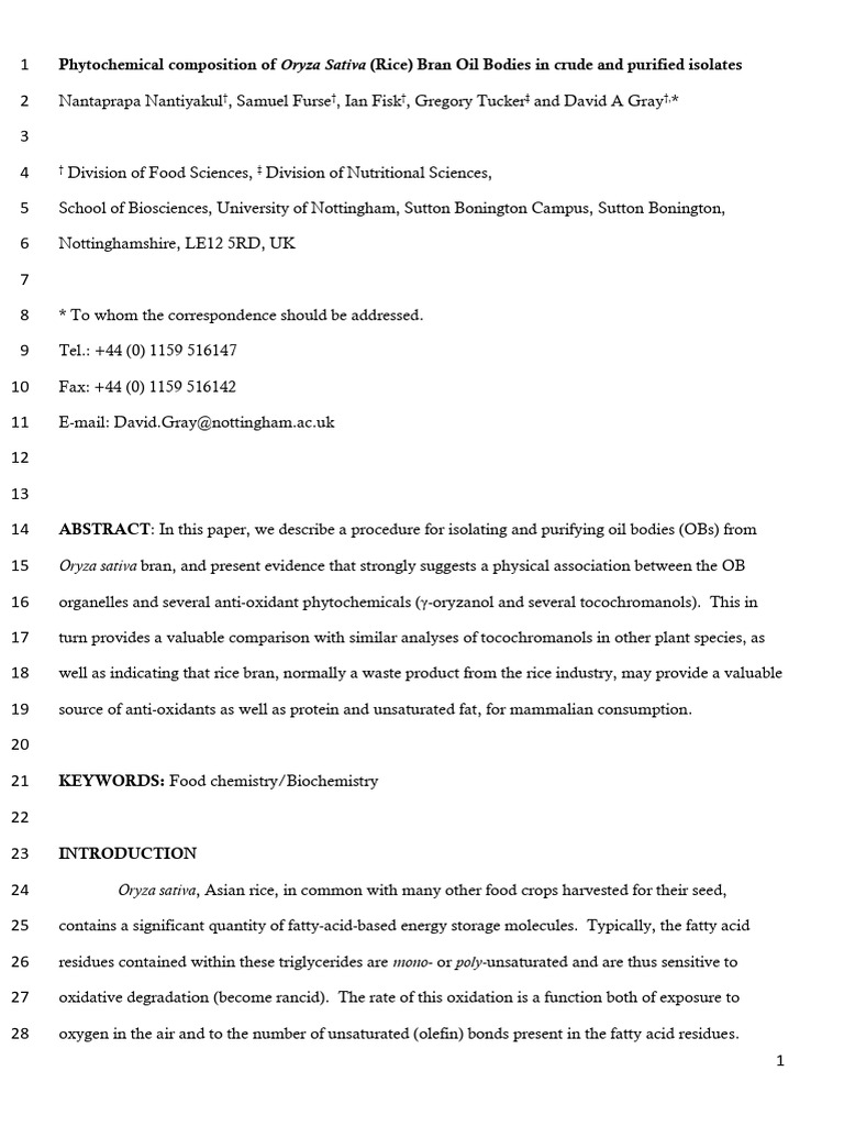 Phytochemical Composition of Oryza Sativa (Rice) Bran Oil Bodies in ...