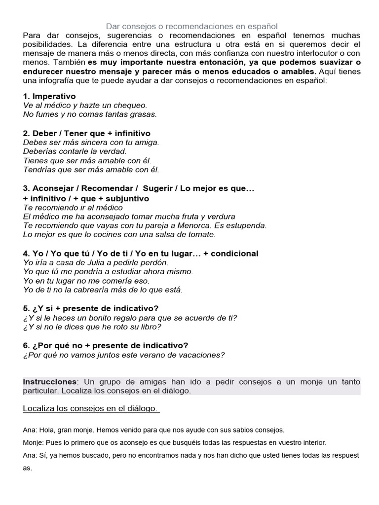 Dar consejos o recomendaciones en español | PDF