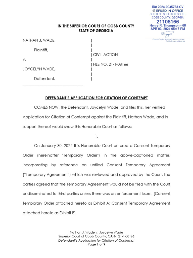 Wade 2024.04.03 Defendants Application For Citation of Contempt 1 | PDF ...