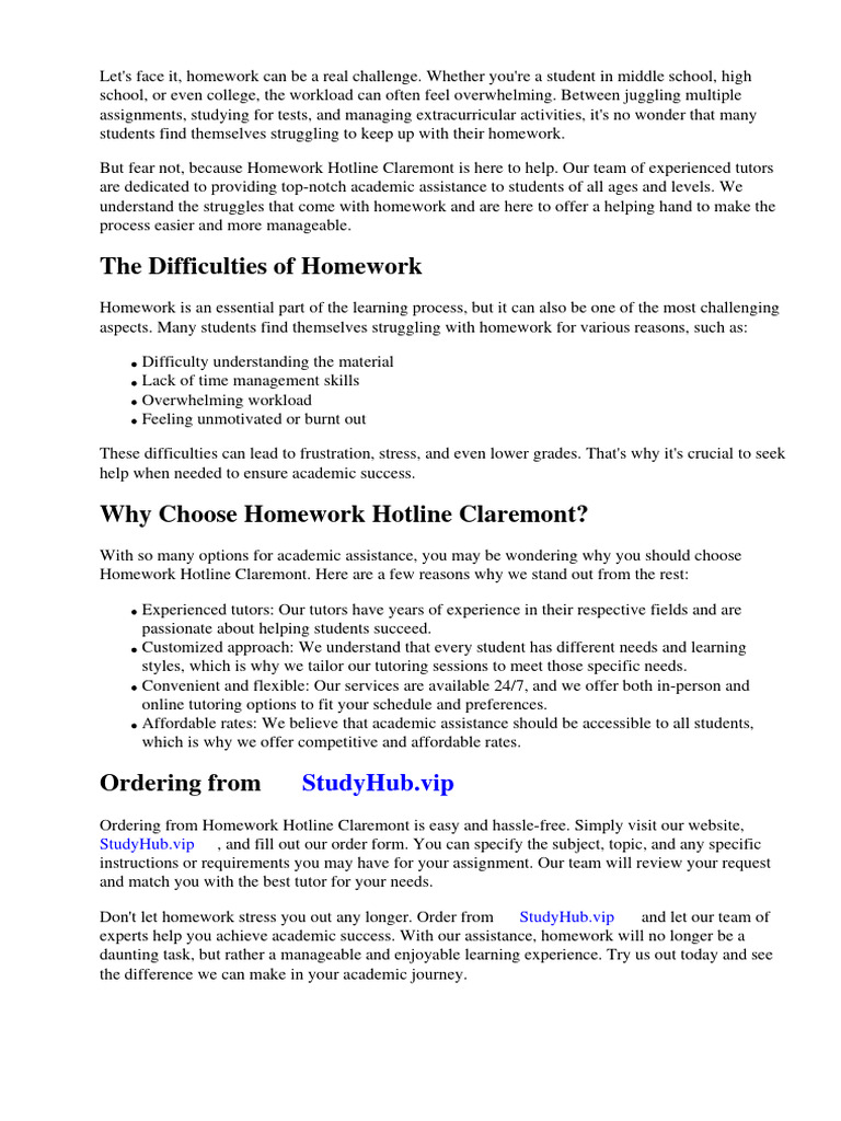 Homework Hotline Claremont | PDF | Homework | Schools