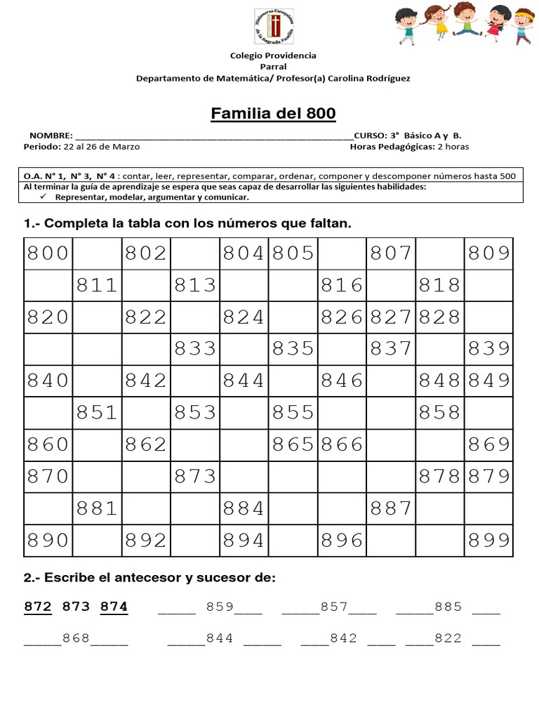 Familia Del 800: 1.-Completa La Tabla Con Los Números Que Faltan | PDF