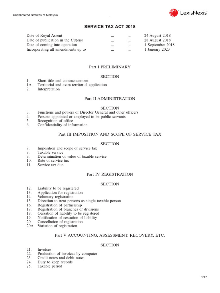 (My) Service Tax Act 2018 Act 807 Service Tax Act 2018 | PDF ...