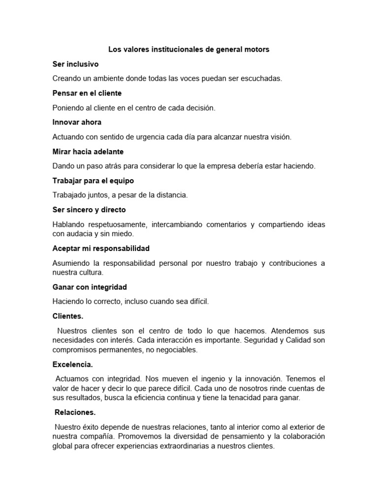 Los valores institucionales de general motors | PDF | Motores generales