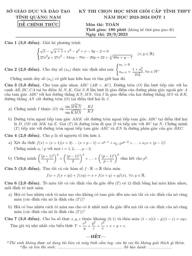 Đề HSG12 Quảng Nam 2023 2024 | PDF