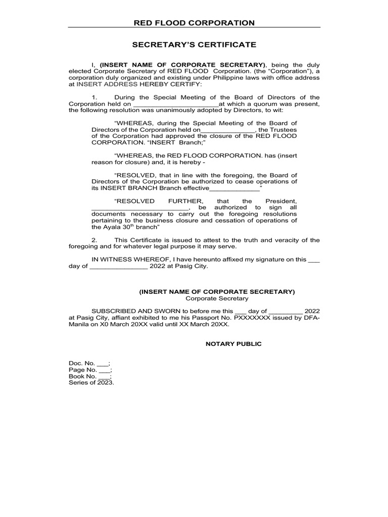 Secretary Certificate for Business Closure | PDF