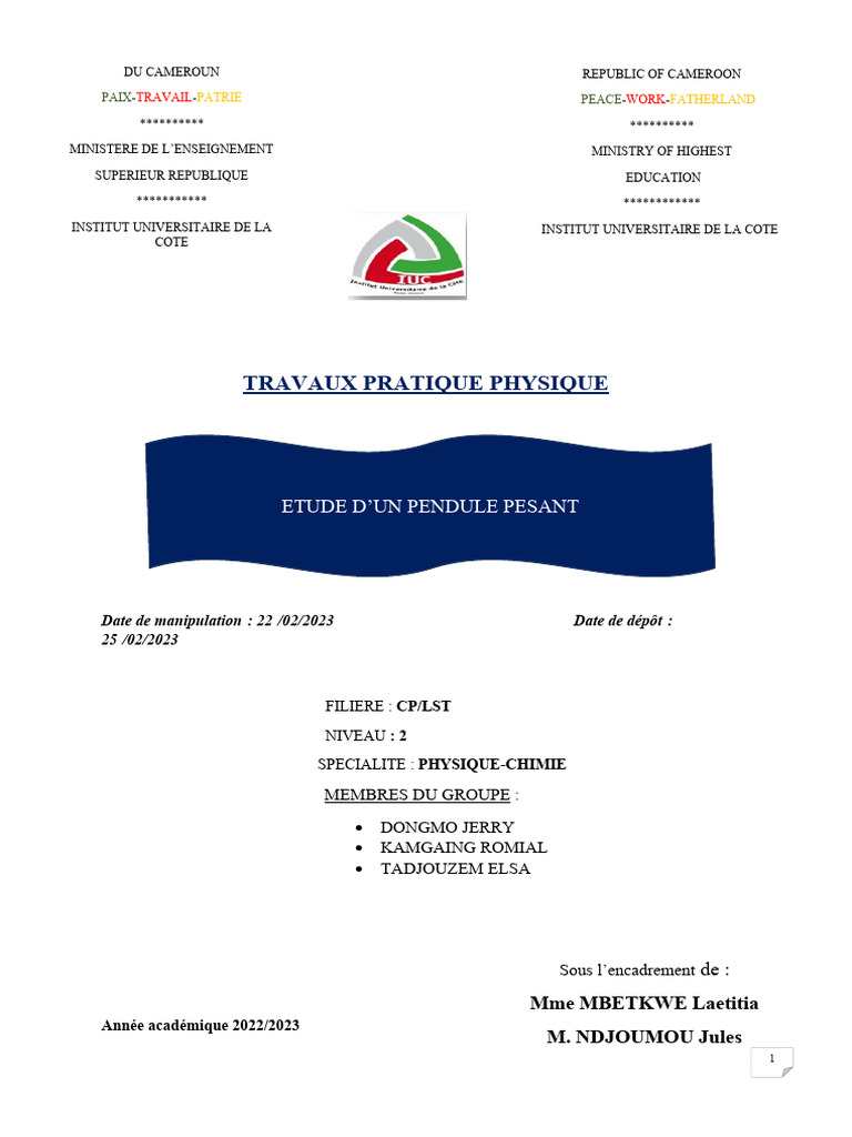 TP Pendule Pesant | PDF | Pendule (physique) | Centre d'inertie