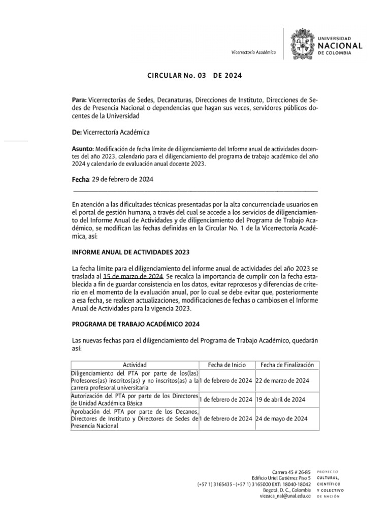 Circular 3 de 2024 Vicerrectoría Académica - Plazo Informe de Actividades 2023 y ...