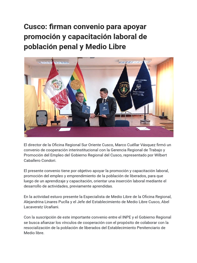 Cusco - Firman Convenio para Apoyar Promoción y Capacitación Laboral de ...