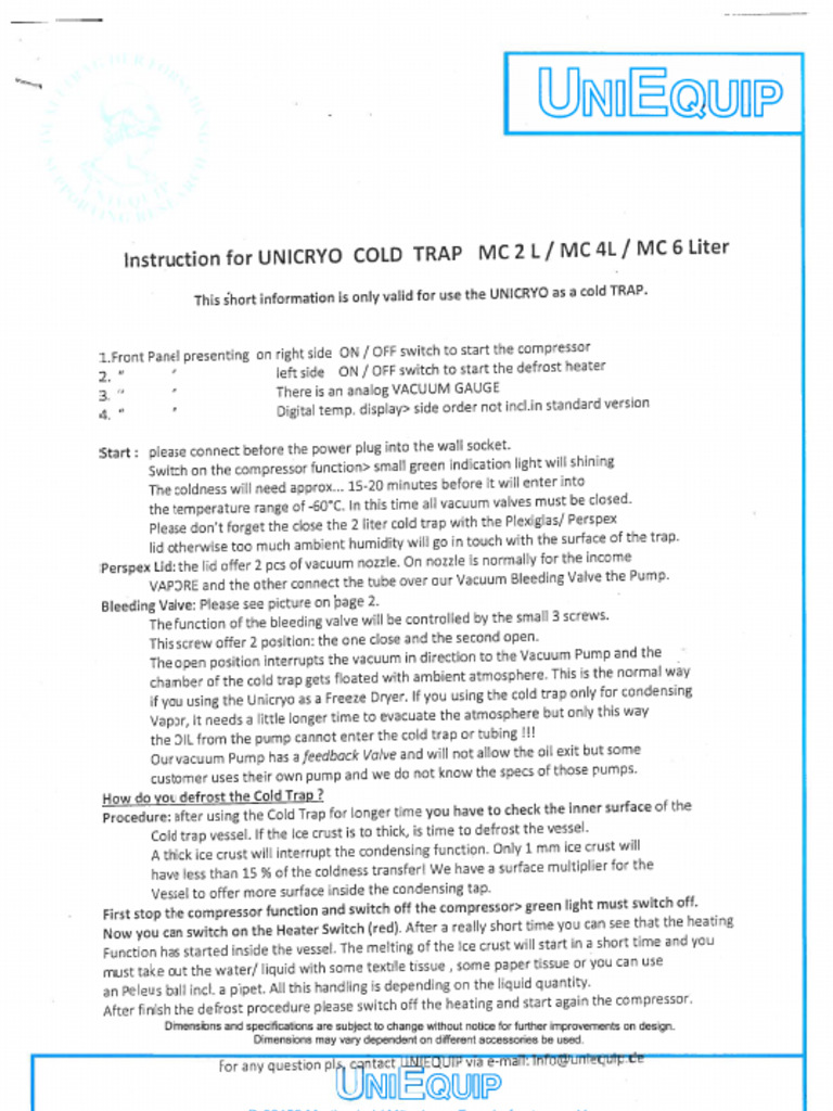 UniEquip Unicryo Cold Trap MC 2L | PDF | Freezing | Water
