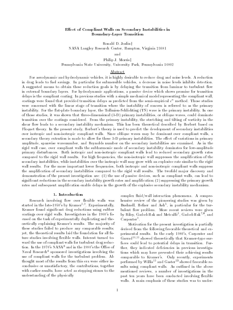 Effect of Compliant Walls On Secondary Instabilities in Boundary-Layer Transition | PDF ...