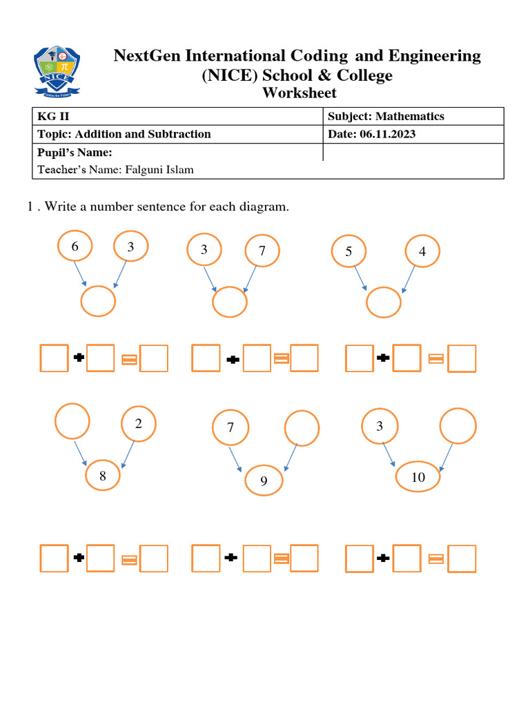 KG II Math Worksheet: Addition & Subtraction | PDF