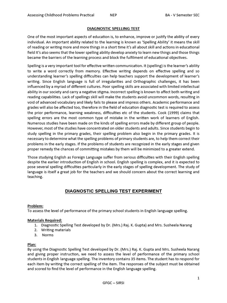 Diagnostic Spelling Test English Record | PDF | Learning | Vocabulary