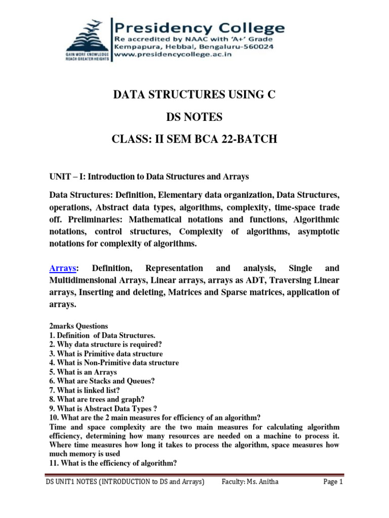 UNIT1 Data Structures | PDF | Data Type | Matrix (Mathematics)