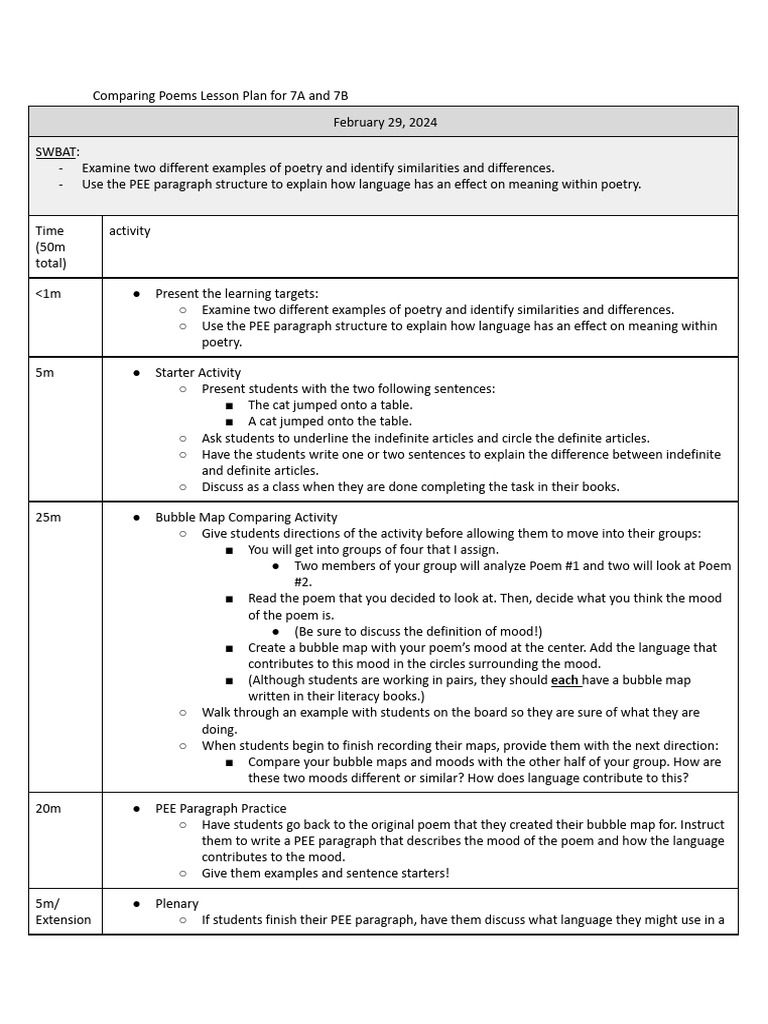 Lesson Plan Comparing Poems | PDF | Poetry