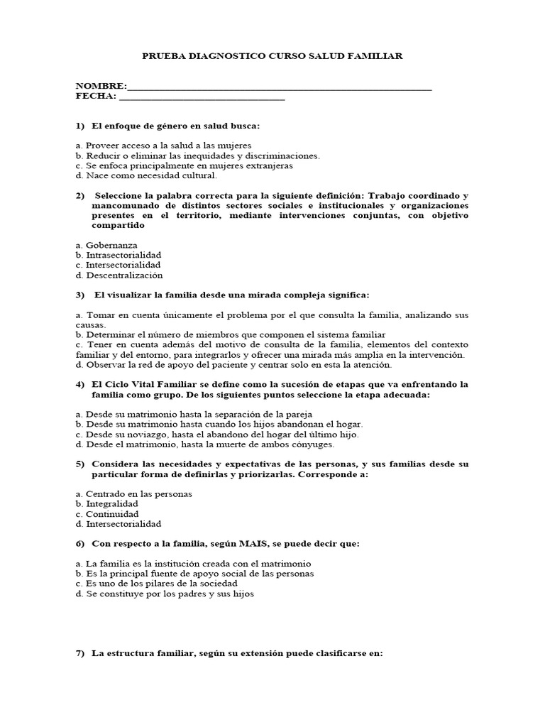 Prueba Diagnostico Curso Salud Familiar | PDF | Familia | Comportamiento